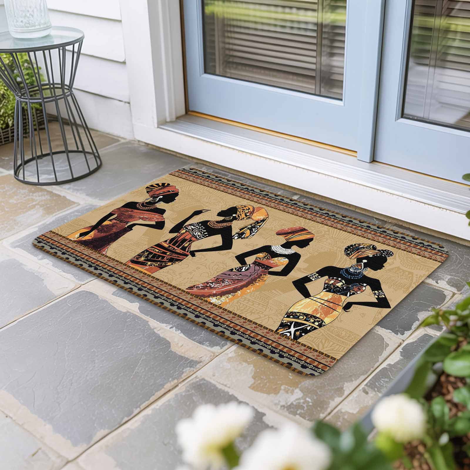 African Black Women Door Mat Indoor Outdoor, Boho Ethnic Tribe Vintage ...