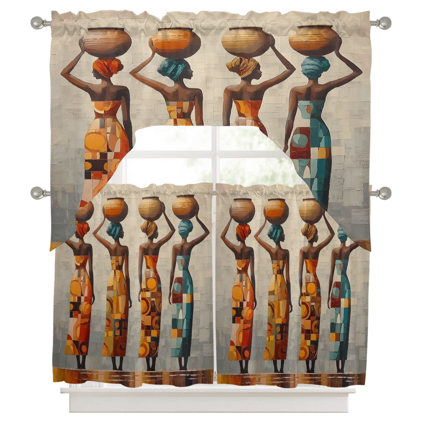 African Black Women Kitchen Curtains Swag Valance and Tier Curtains Set ...