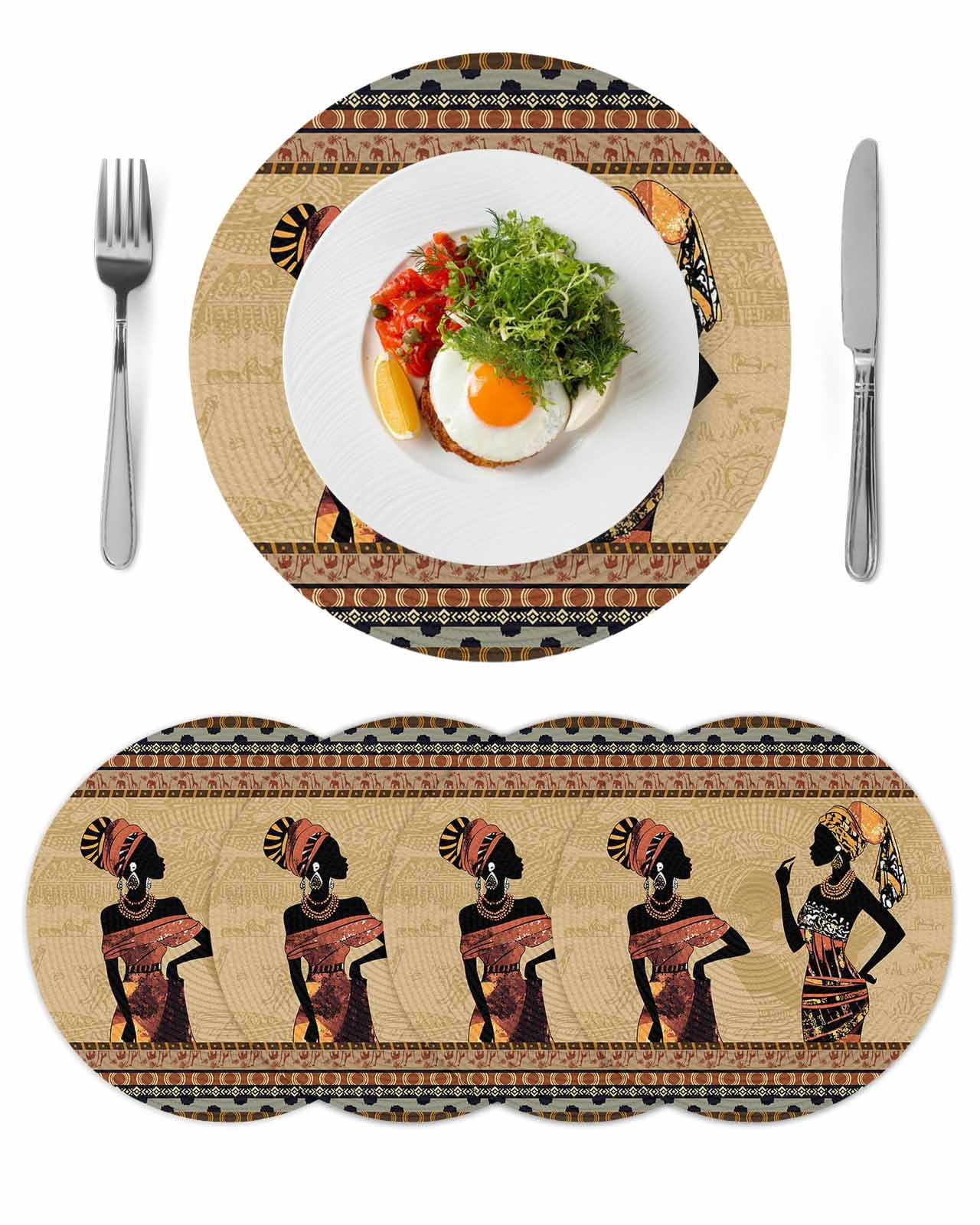 African Black Women Round 15 Inch Placemats Set of 4, Boho Ethnic Tribe ...