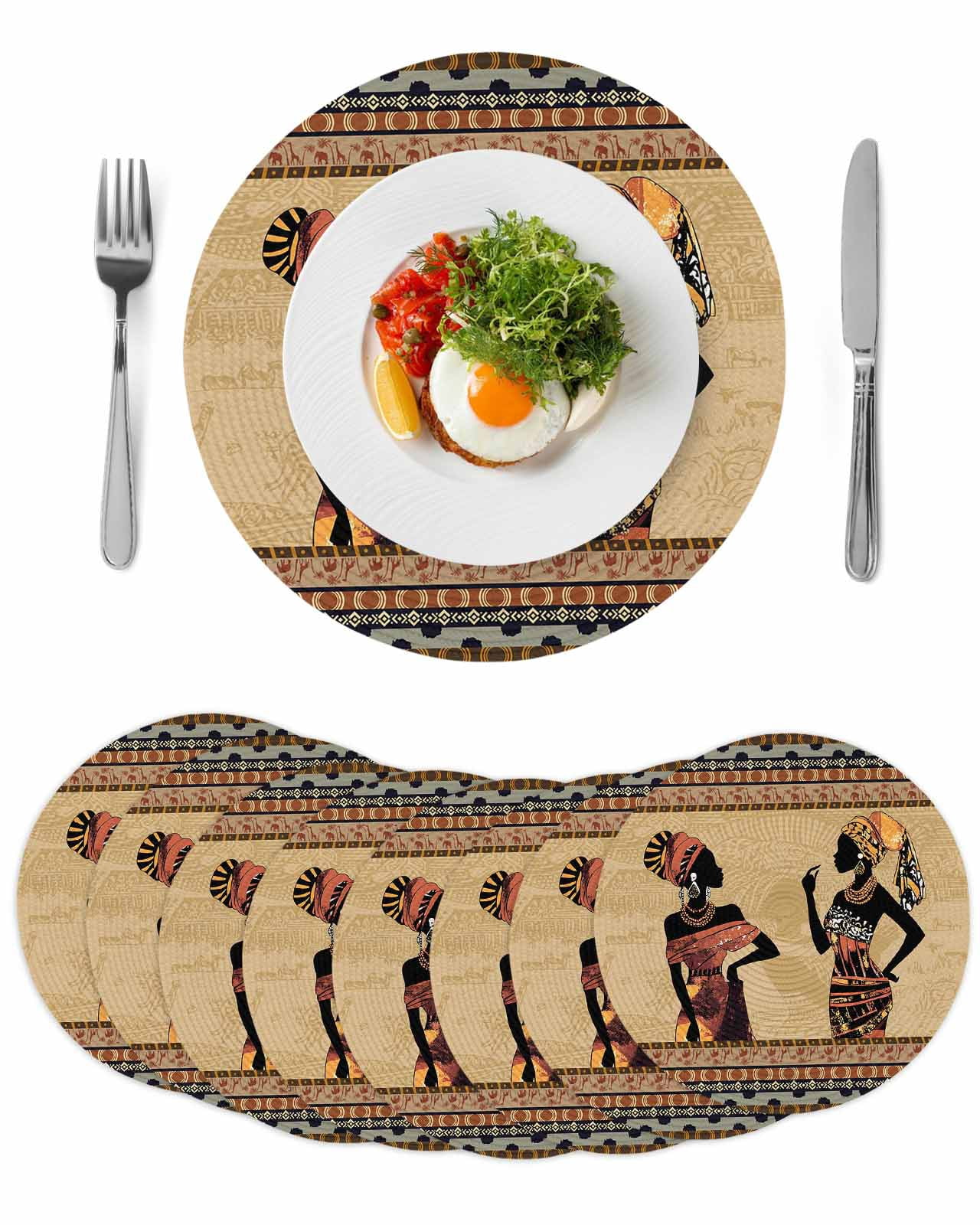 African Black Women Round 15 Inch Placemats Set of 8, Boho Ethnic Tribe ...