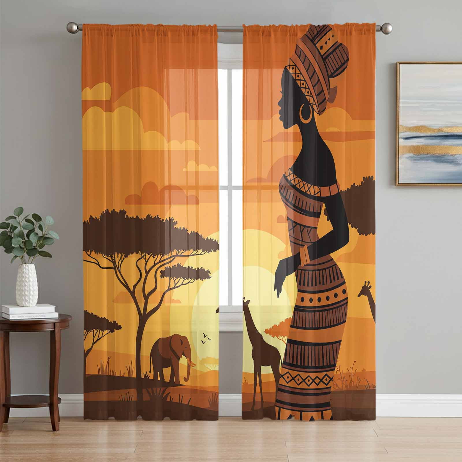 African Black Women Semi Sheer Curtains 72 Inch Length 2 Panels Set ...