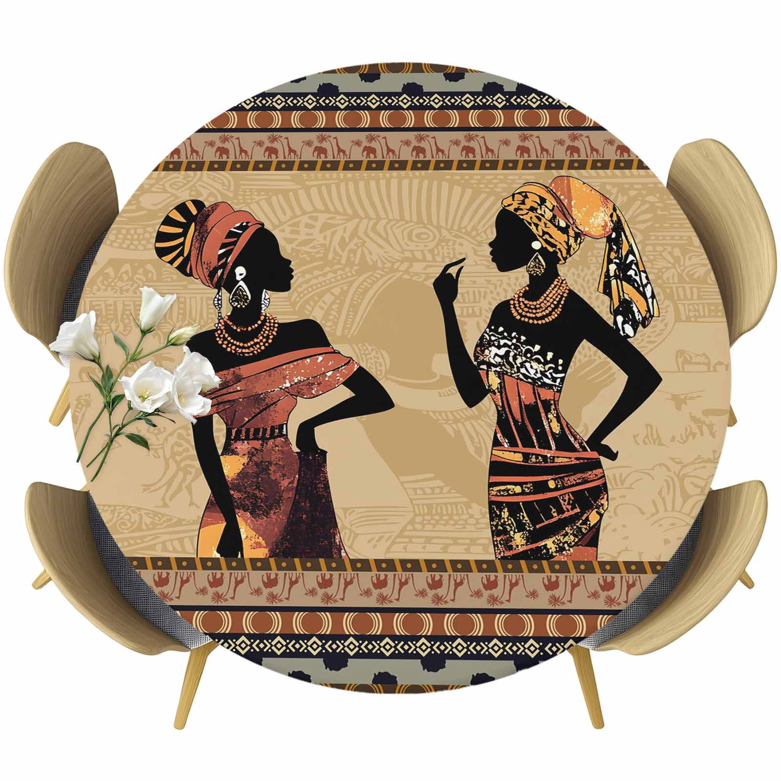 African Black Women Table Cloth, Round Fitted Tablecloths with Elastic ...