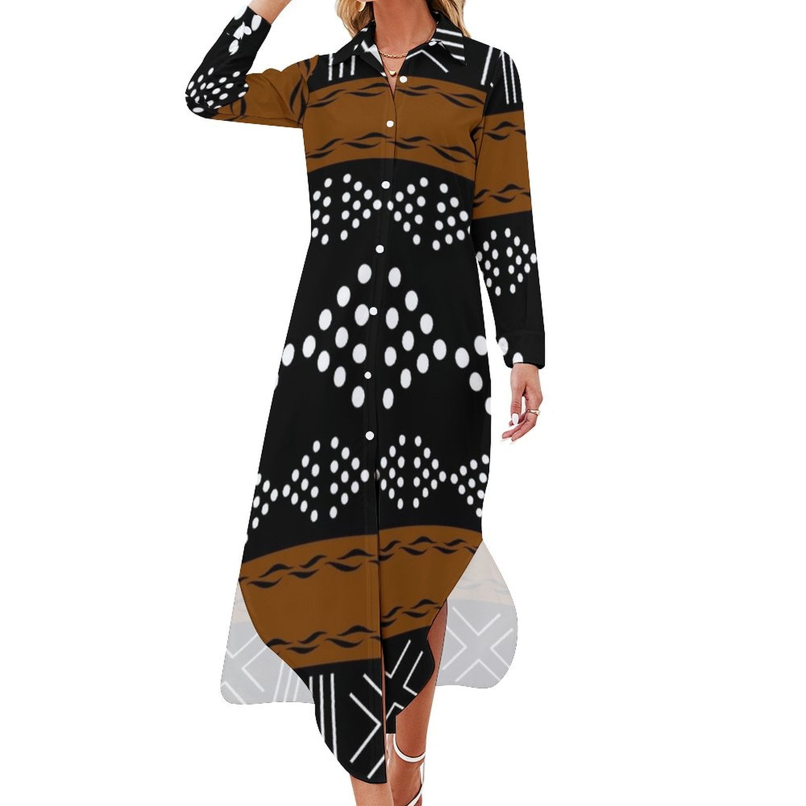 African Bogolan Mudcloth Pattern Long Sleeved Shirt Dress dress party night women dress Womens ...