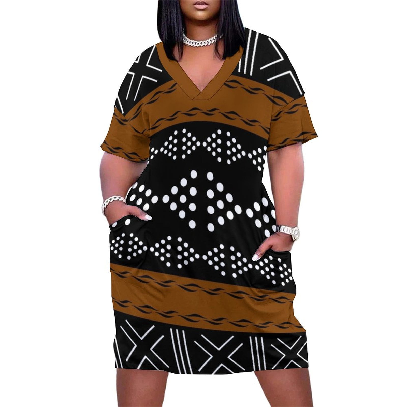 African Bogolan Mudcloth Pattern Loose Pocket Dress prom dress beach dress - Walmart.com