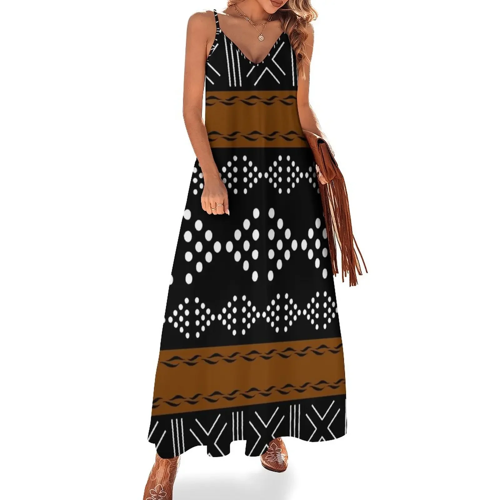 African Bogolan Mudcloth Pattern Sleeveless Dress long dresses for women Beachwear beach dress ...
