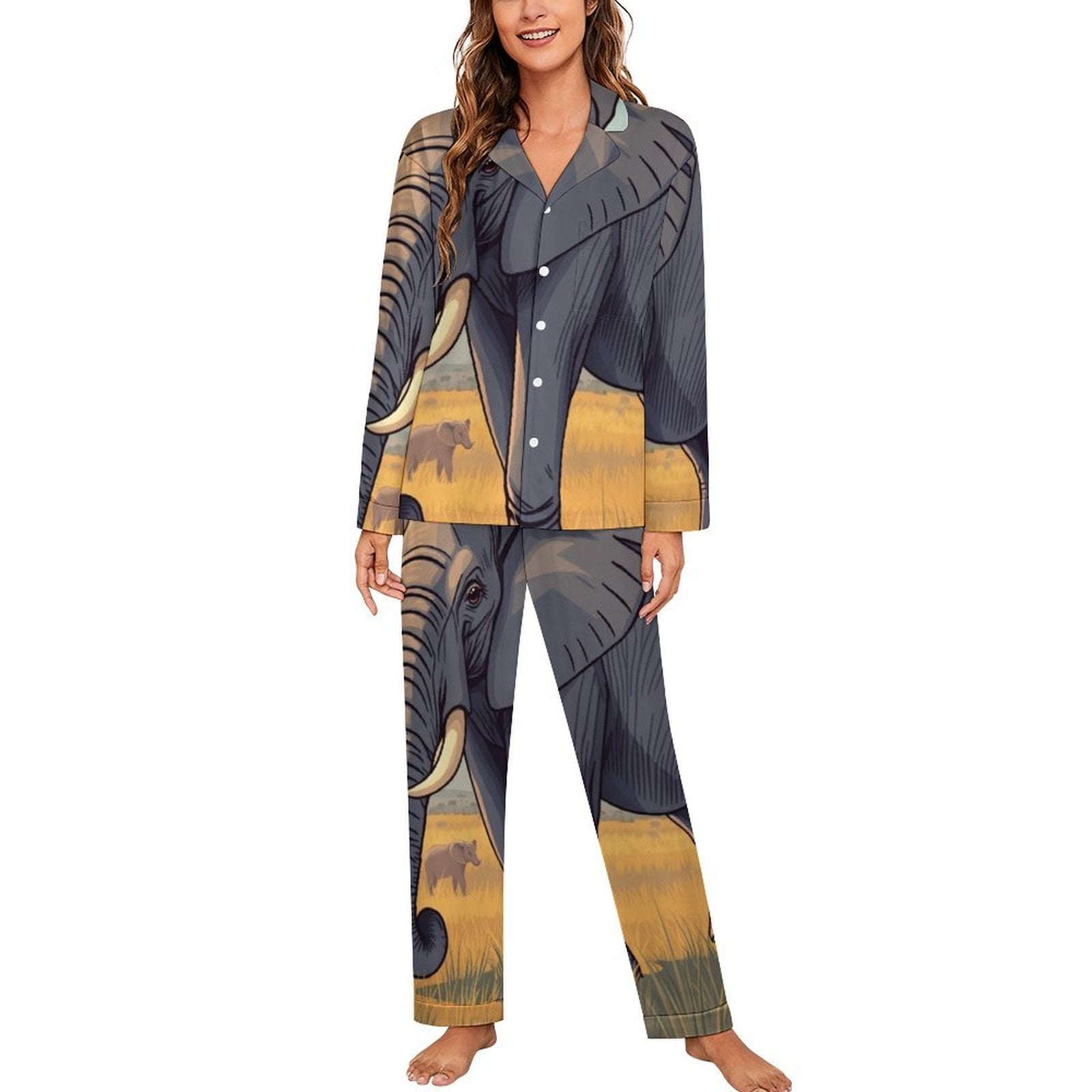African Bush Elephant Pajamas Night V Neck Nightwear Lady Two Piece ...