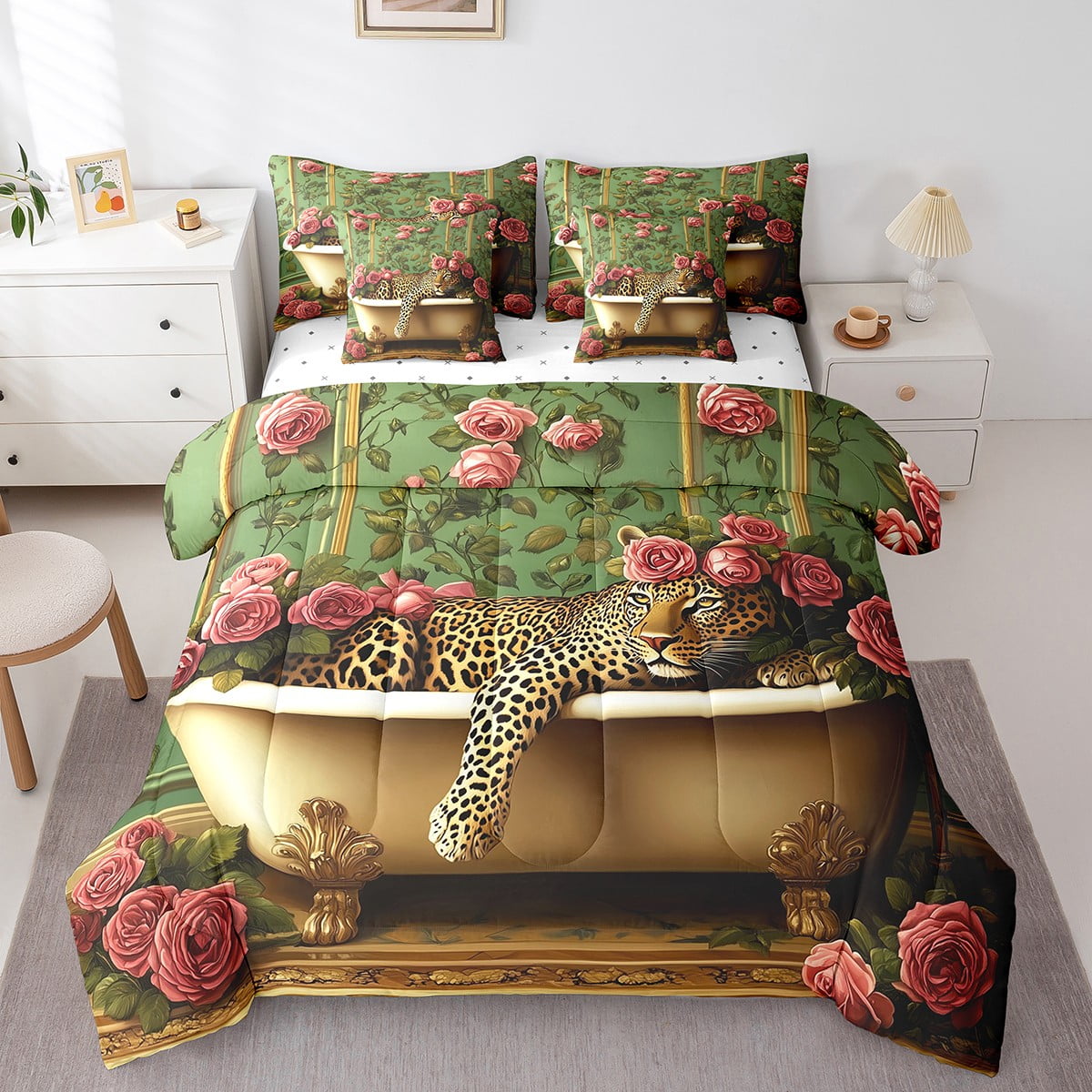African Cheetahs Comforter Set 7 Pieces,Retro Pink Rose Leaves Bed Set ...
