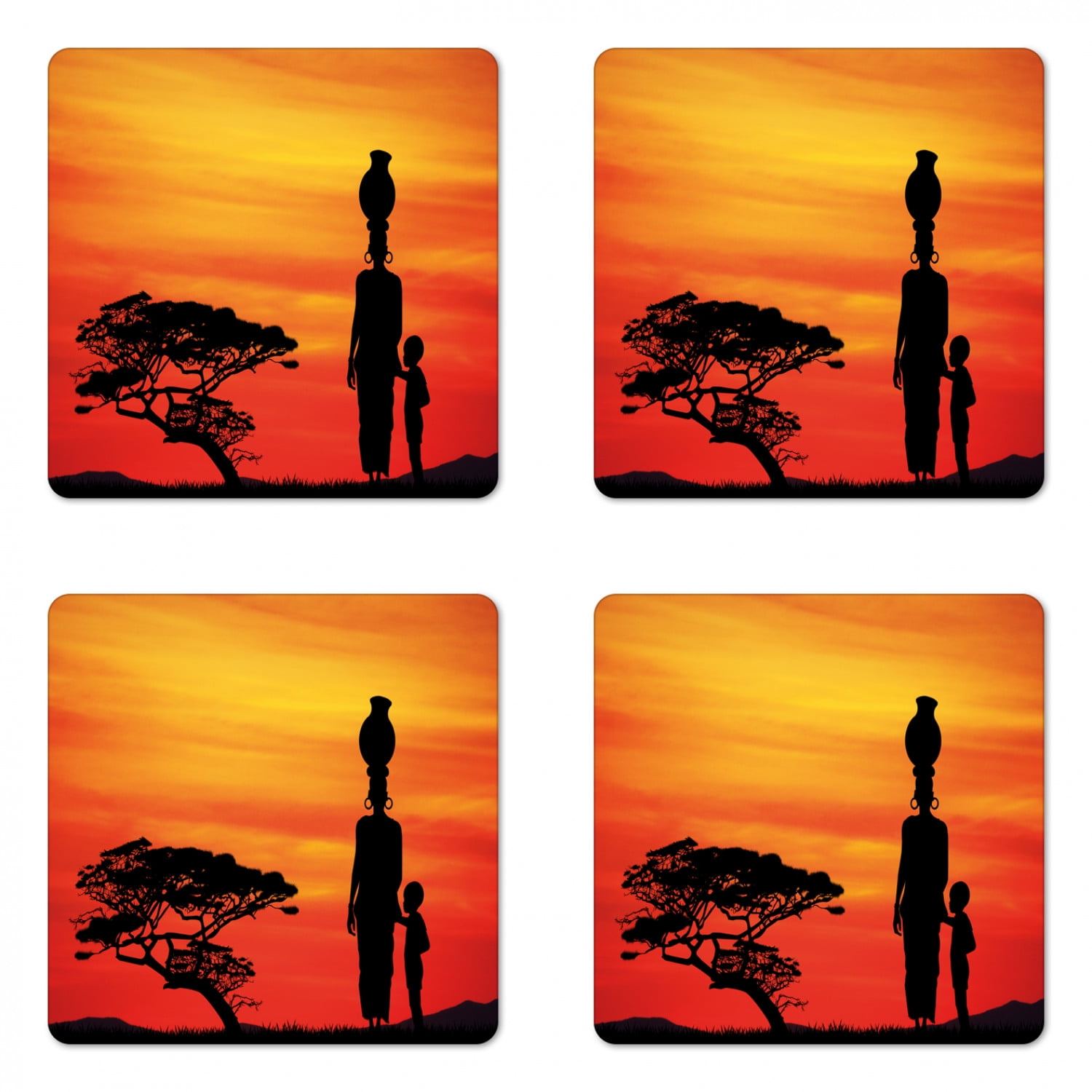 African Coaster Set of 4, Rural Countryside Landscape Mother and Child ...