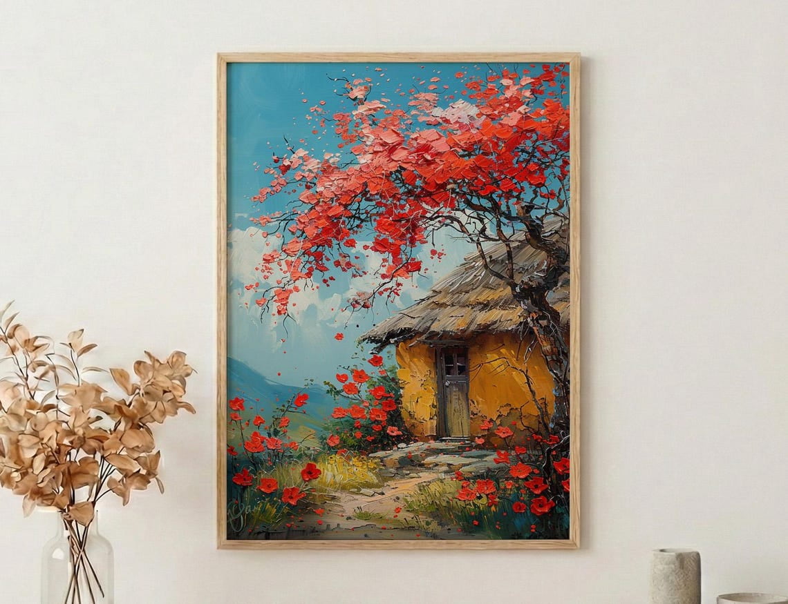 African Cottage Flame Tree Red Floral Nature Textured Impasto, Unframed ...