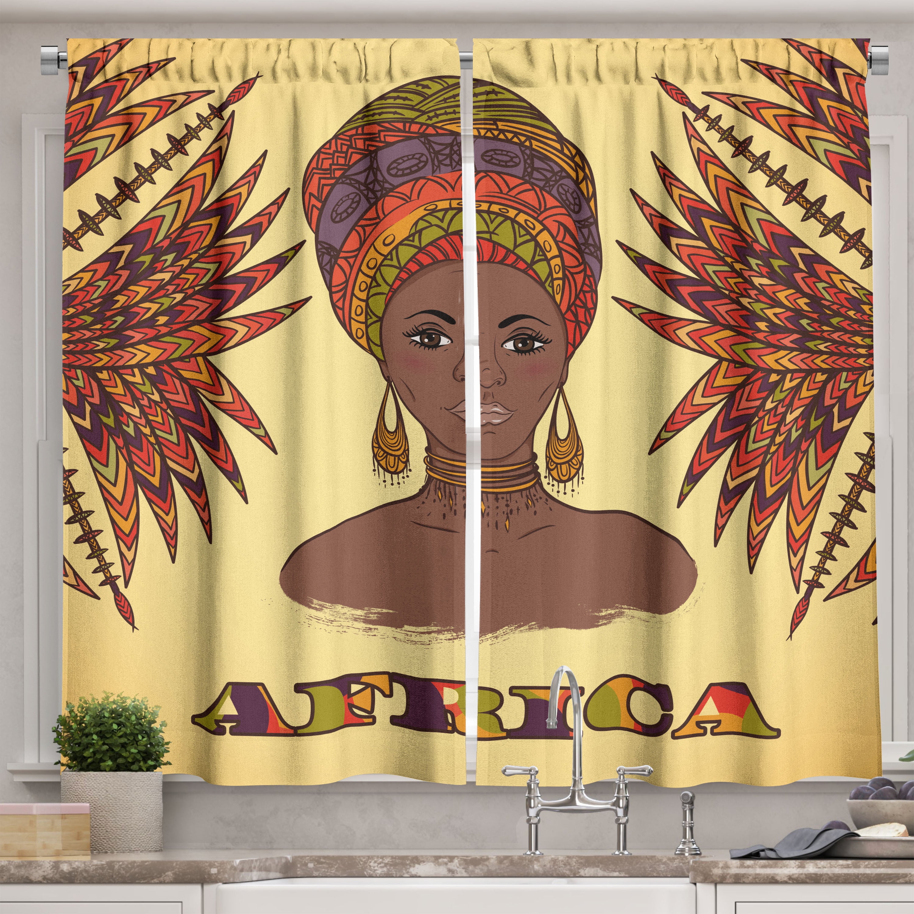 African Curtains 2 Panels Set, Ethnic Woman in Traditional Turban and ...
