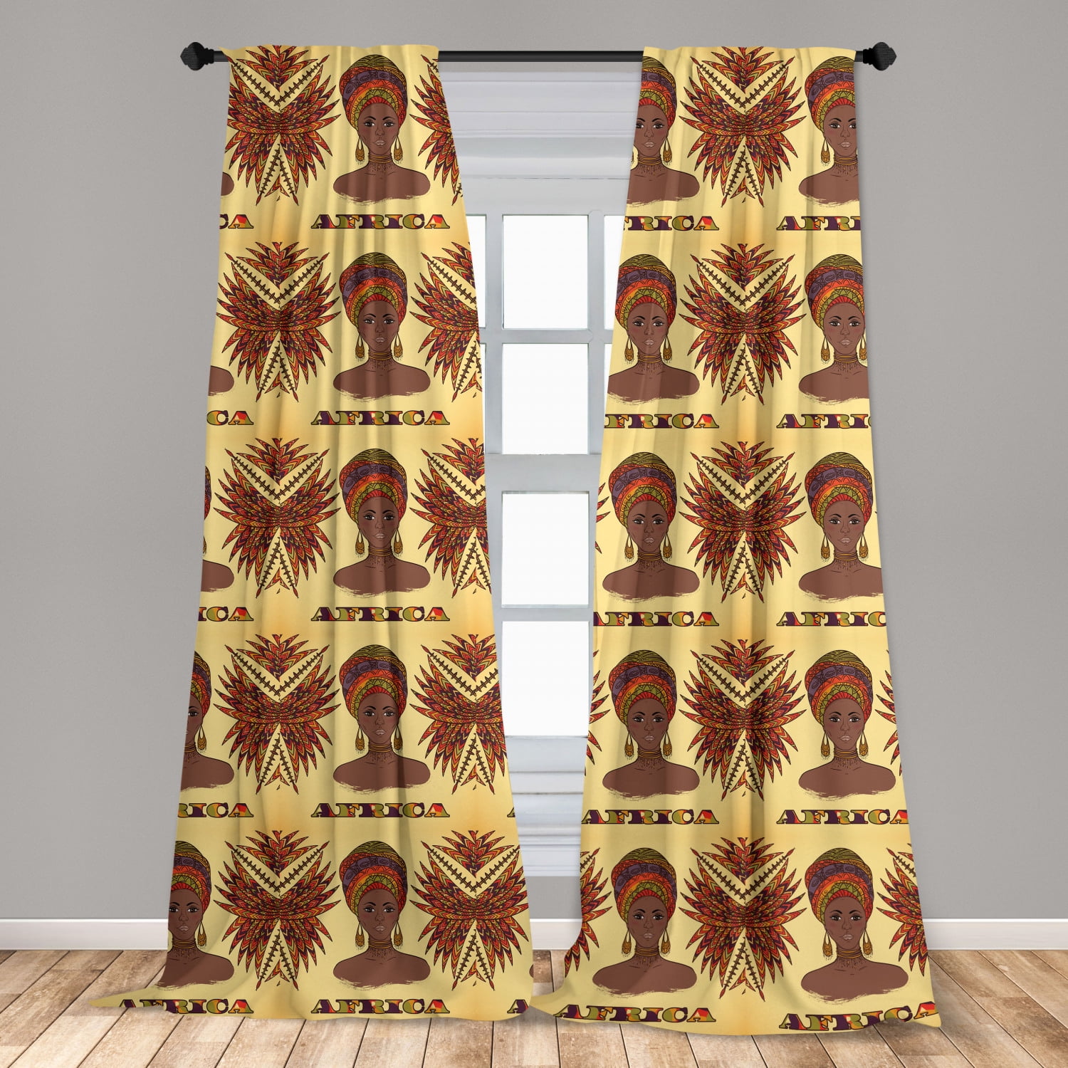 African Curtains 2 Panels Set, Woman in Traditional Turban and Palms ...