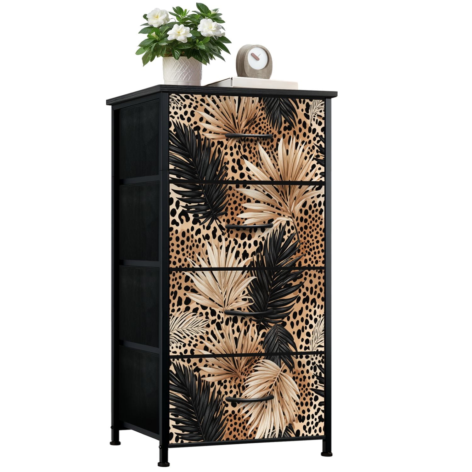 African Dresser for Bedroom with 4 Storage Drawers Tropical Palm Leaves ...