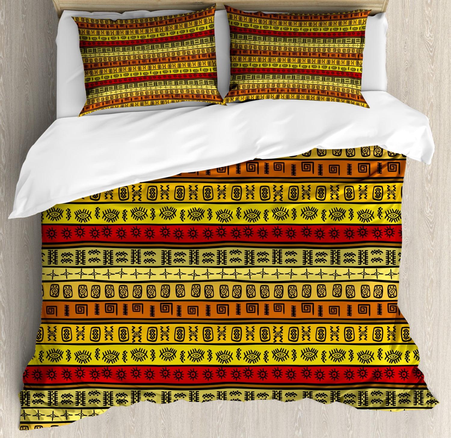 African Duvet Cover Set, Hand Drawn Pattern Abstract Geometric Striped ...