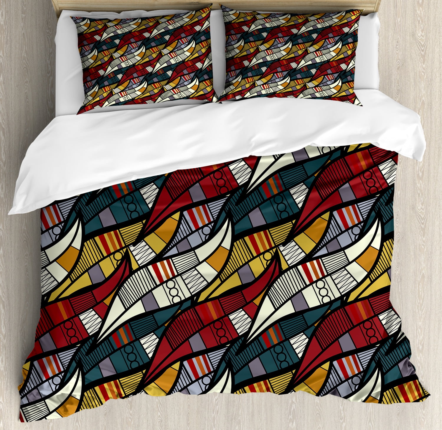 African Duvet Cover Set King Size, Diagonal Abstract Leaves with ...