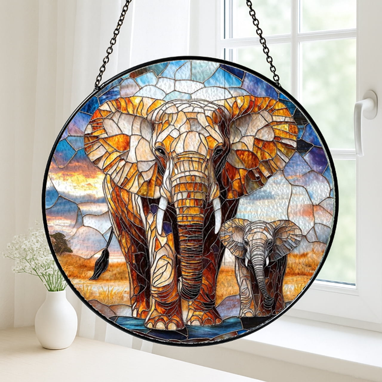 African Elephant Family Glass Suncatcher Window Decor, Wildlife Hanging ...