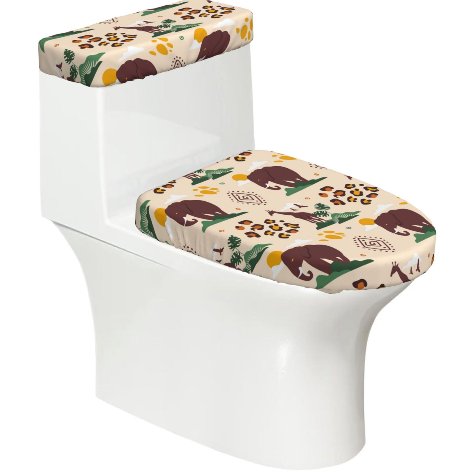 African Elephant Giraffe 2-Piece Elastic Toilet Lid and Tank Cover Set ...