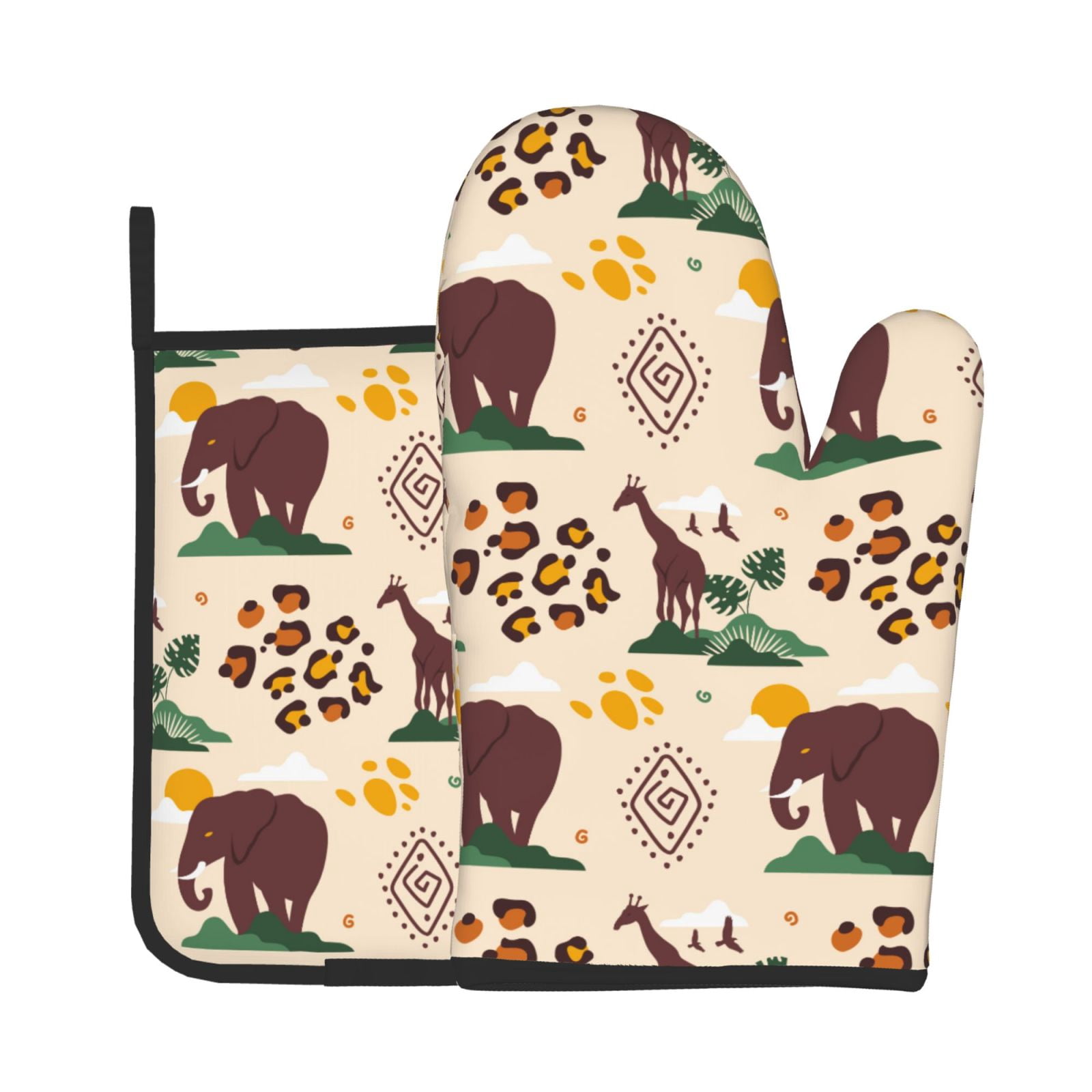 African Elephant Giraffe 2Pcs Oven Mitts and Pot Holders Set Kitchen ...