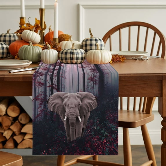 African Elephant in Misty Forest Table Runner 13x72in Non-Slip Cotton ...