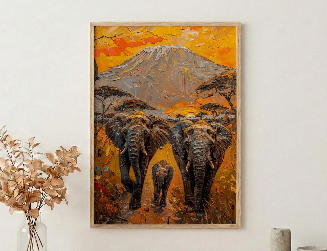 African Elephant Safari Nursery Impasto Kilimanjaro Sunset Textured ...