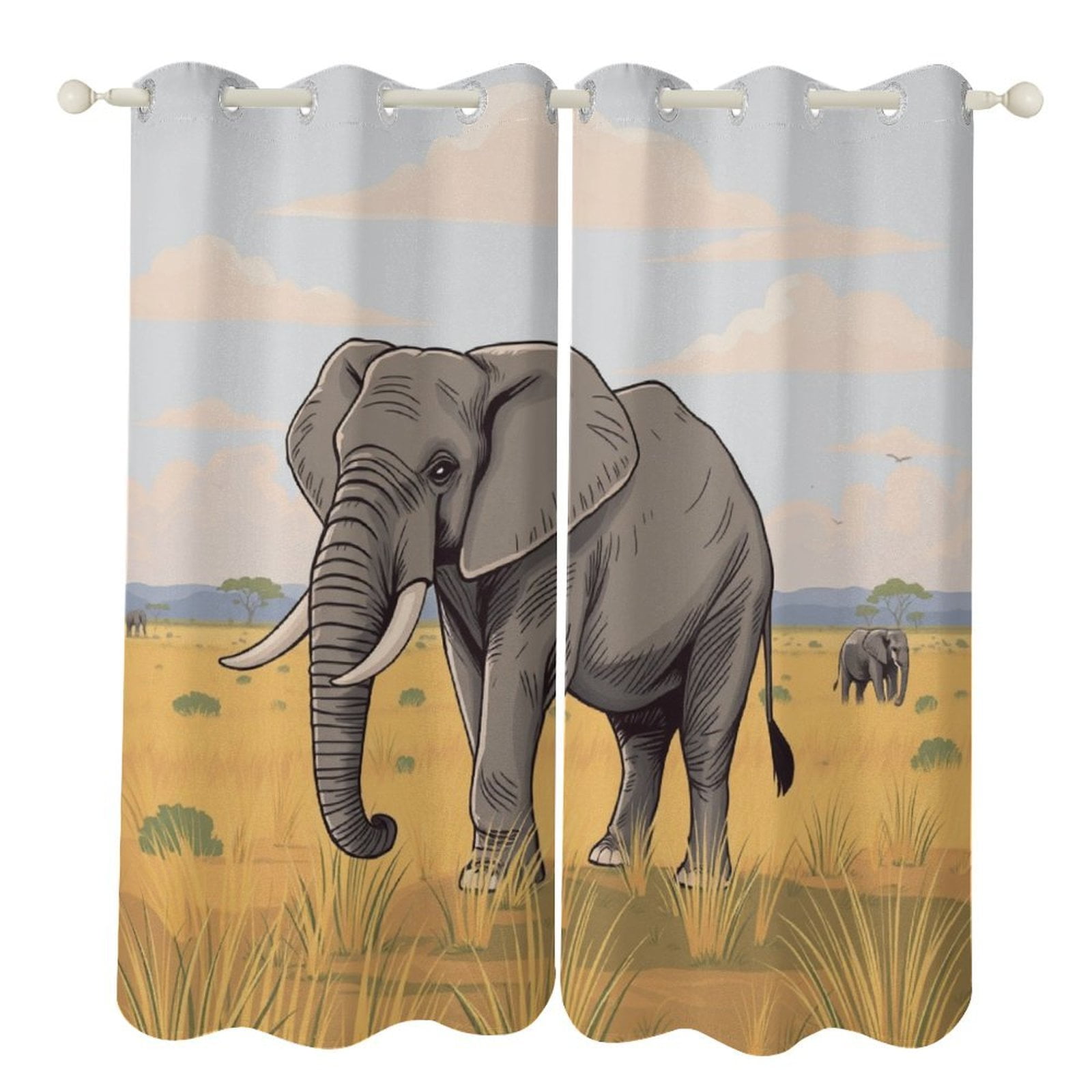 African Elephant Savanna Blackout Window Curtains for Bedroom Living ...