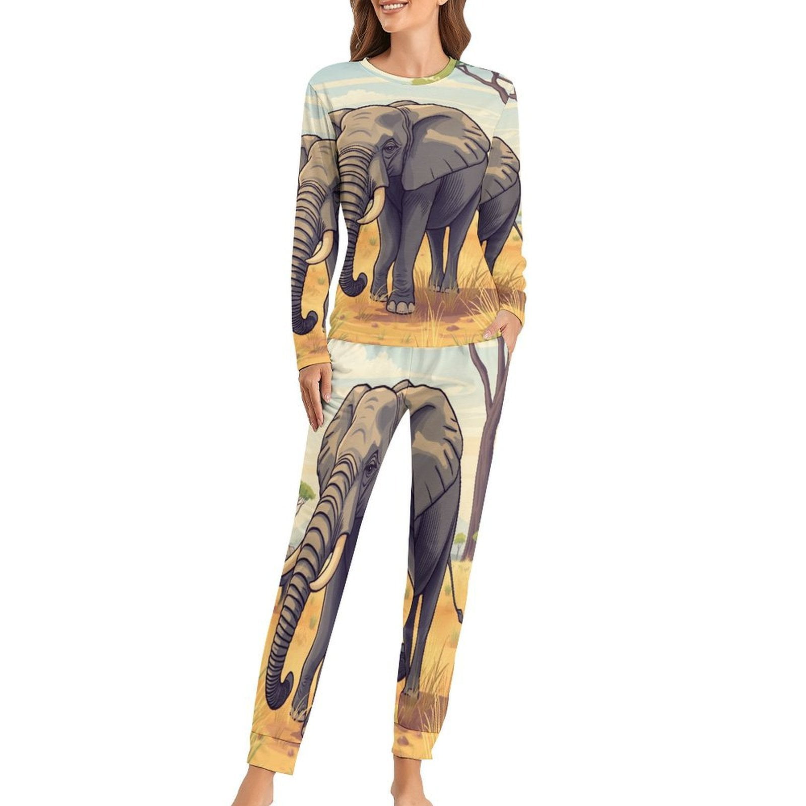 African Elephant Savanna Landscape Pajamas Woman Nightwear Long Sleeve ...