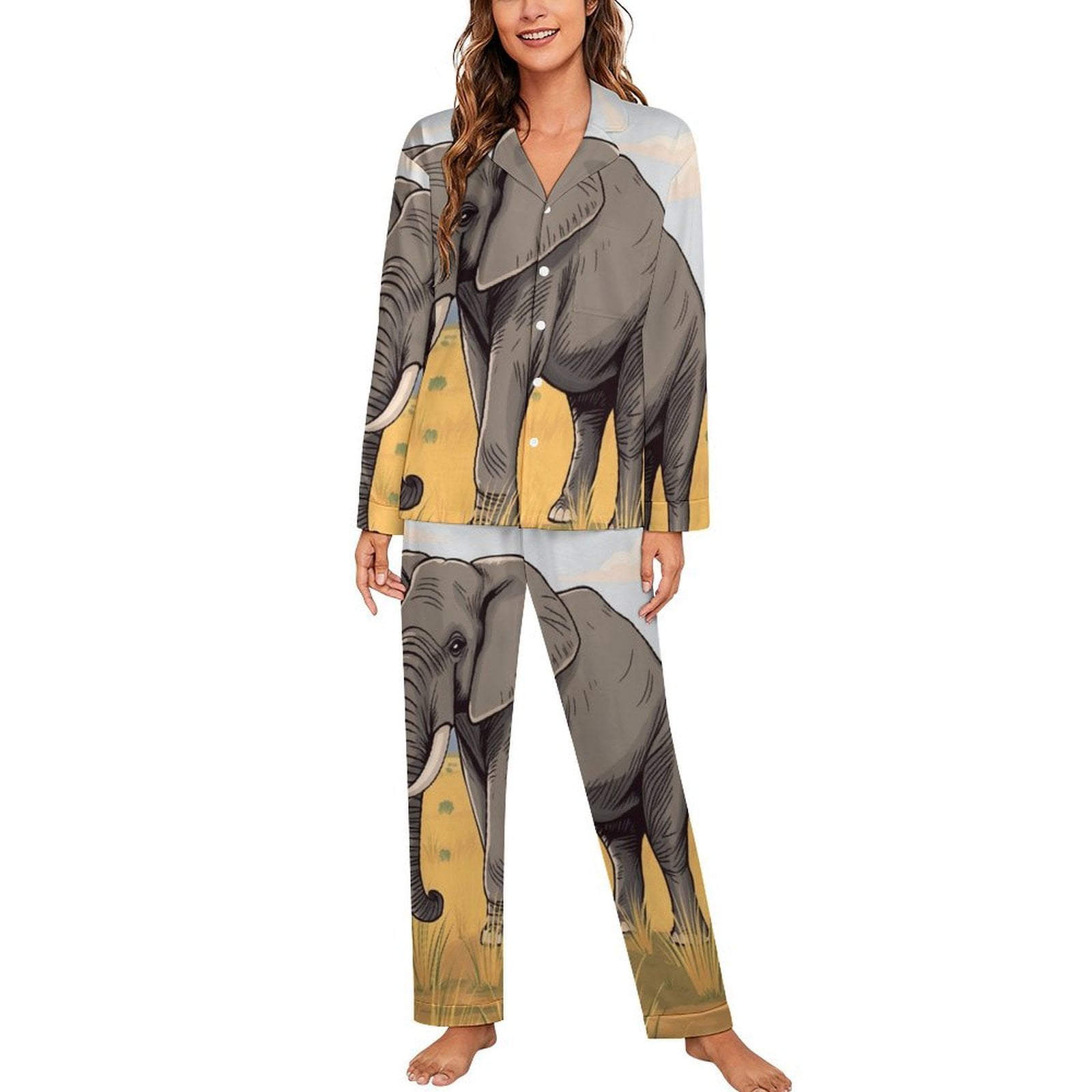 African Elephant Savanna Pajamas Night V Neck Nightwear Lady Two Piece ...
