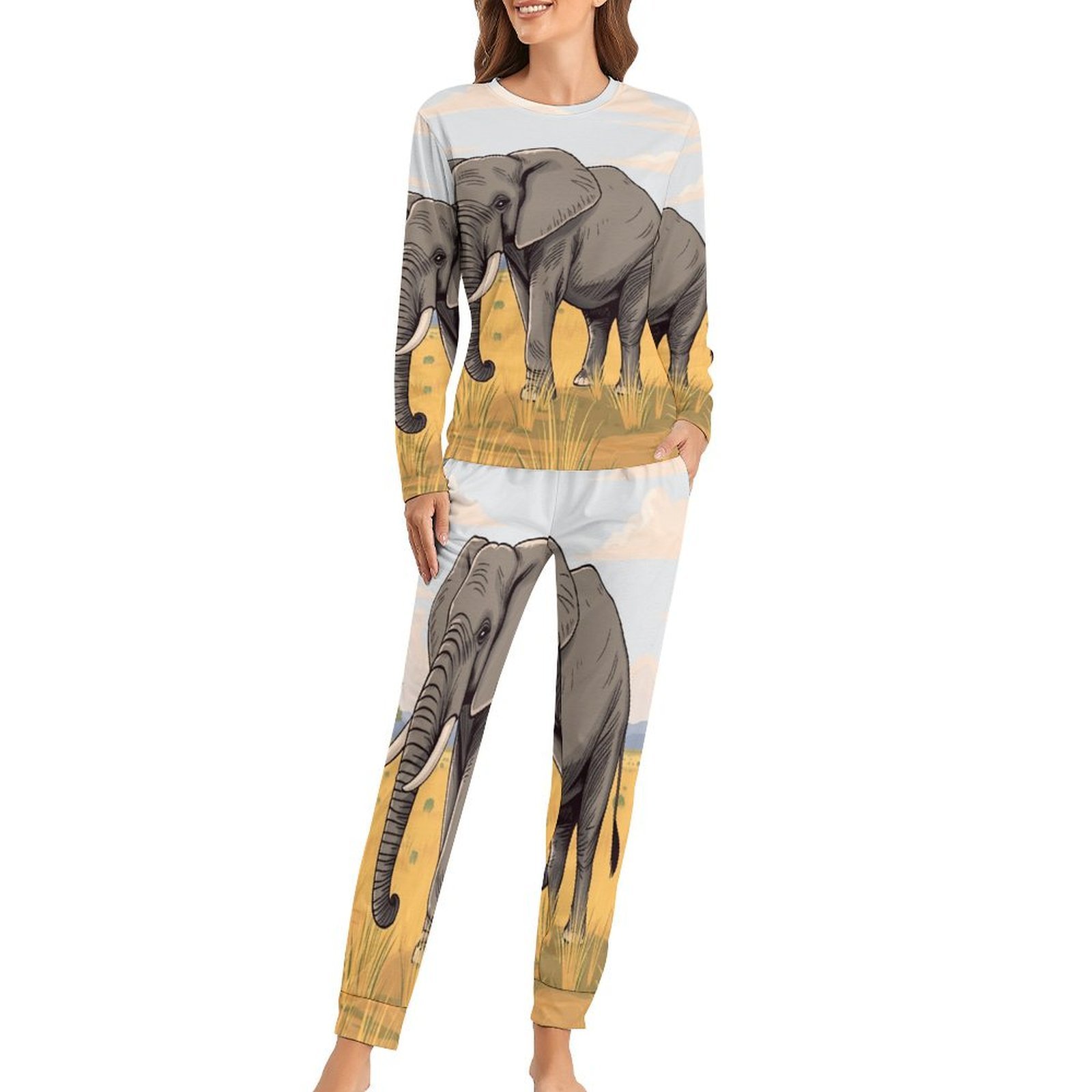 African Elephant Savanna Pajamas Woman Long Sleeves Cute Pajama Sets ...