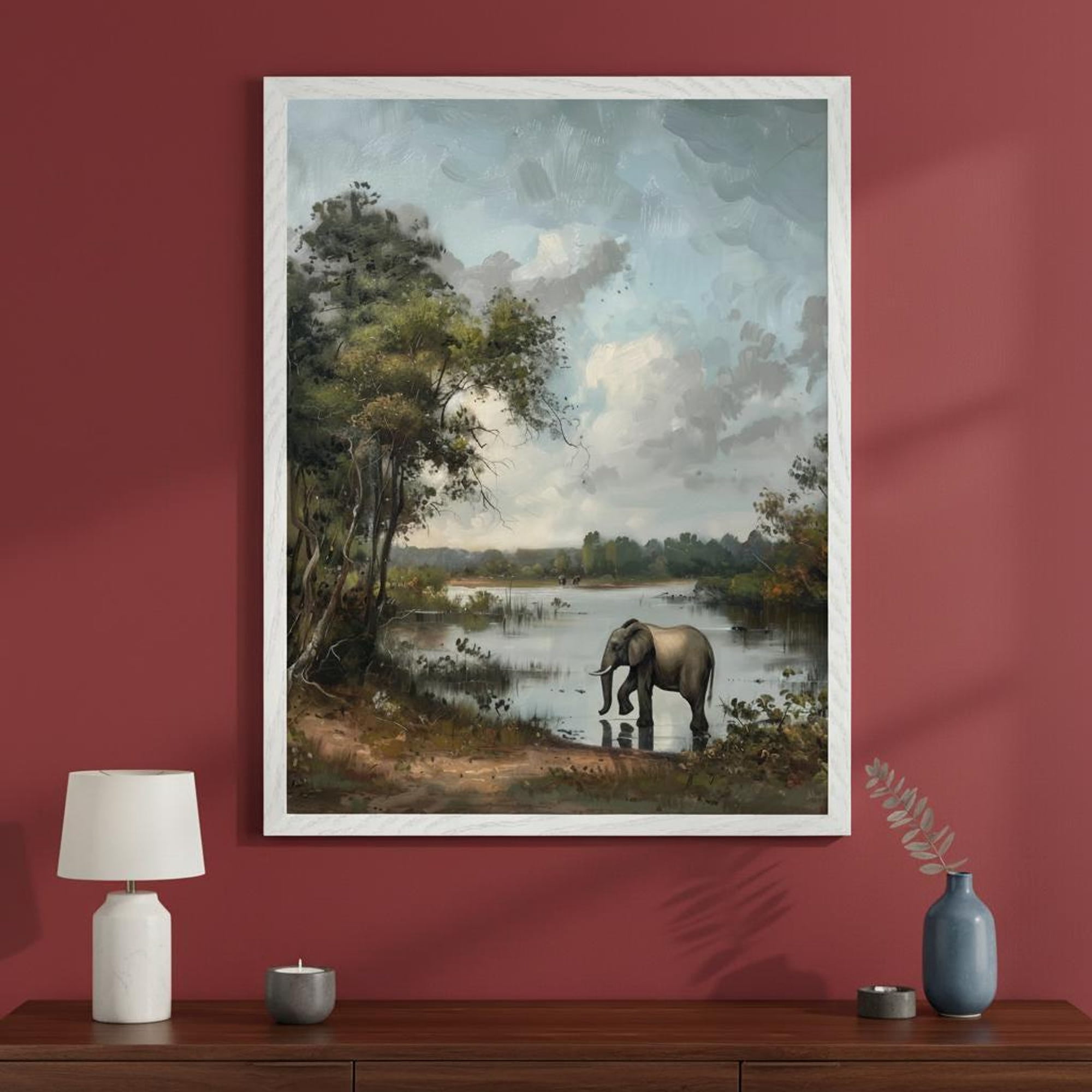 African Elephant Serene River Landscape Wall Art Wildlife Decor Digital ...