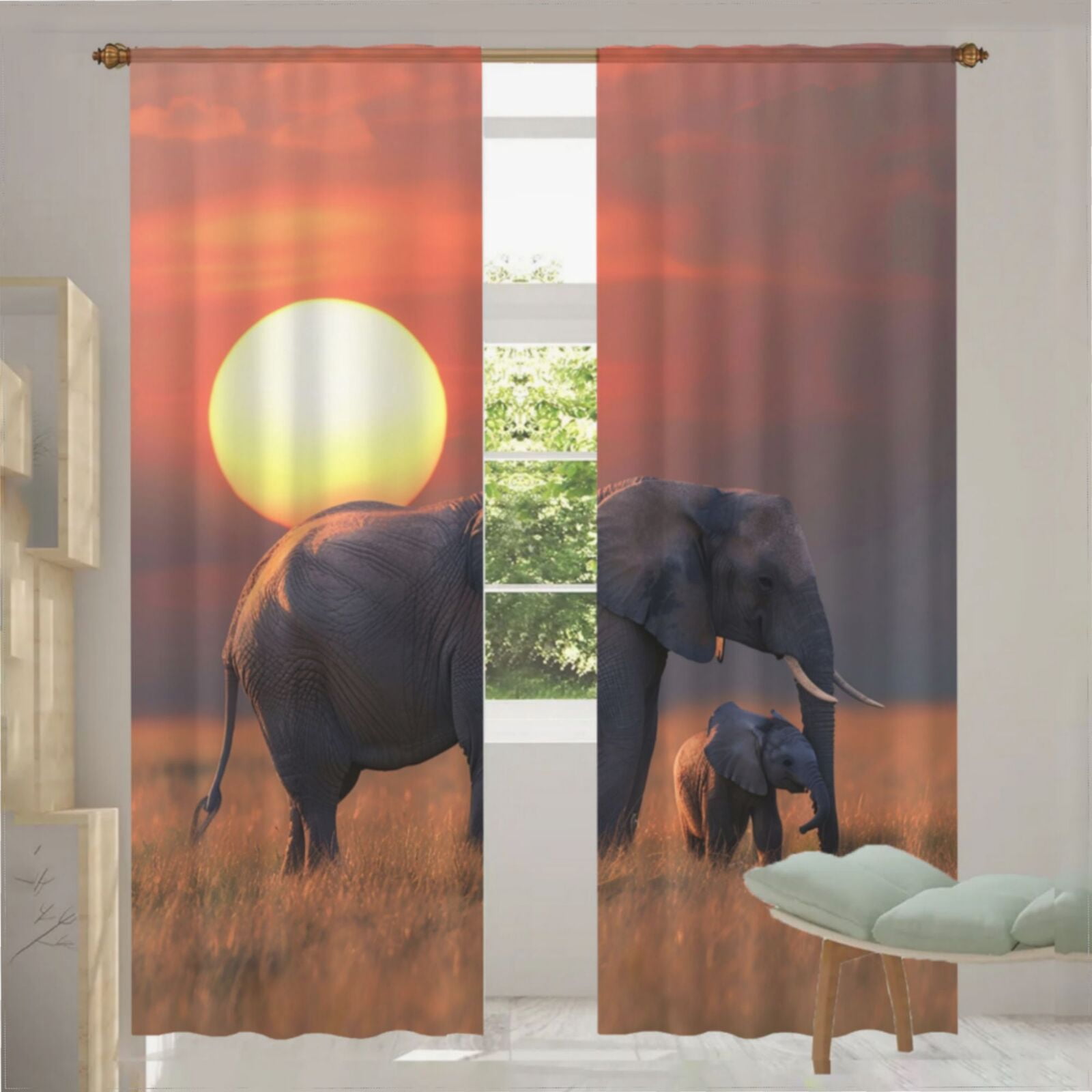 African Elephant Sunset Pattern (100) Window Tulle Curtains for Living ...