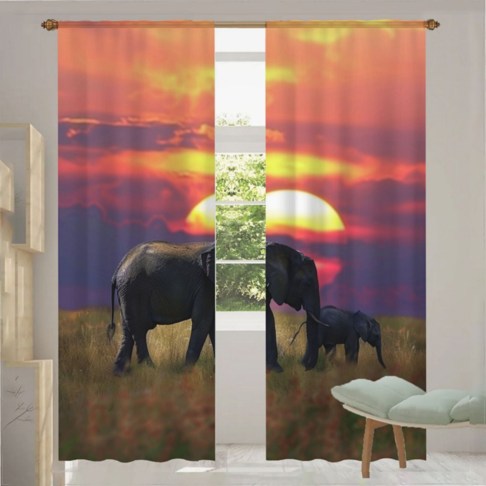African Elephant Sunset Pattern (37) Window Tulle Curtains for Living ...