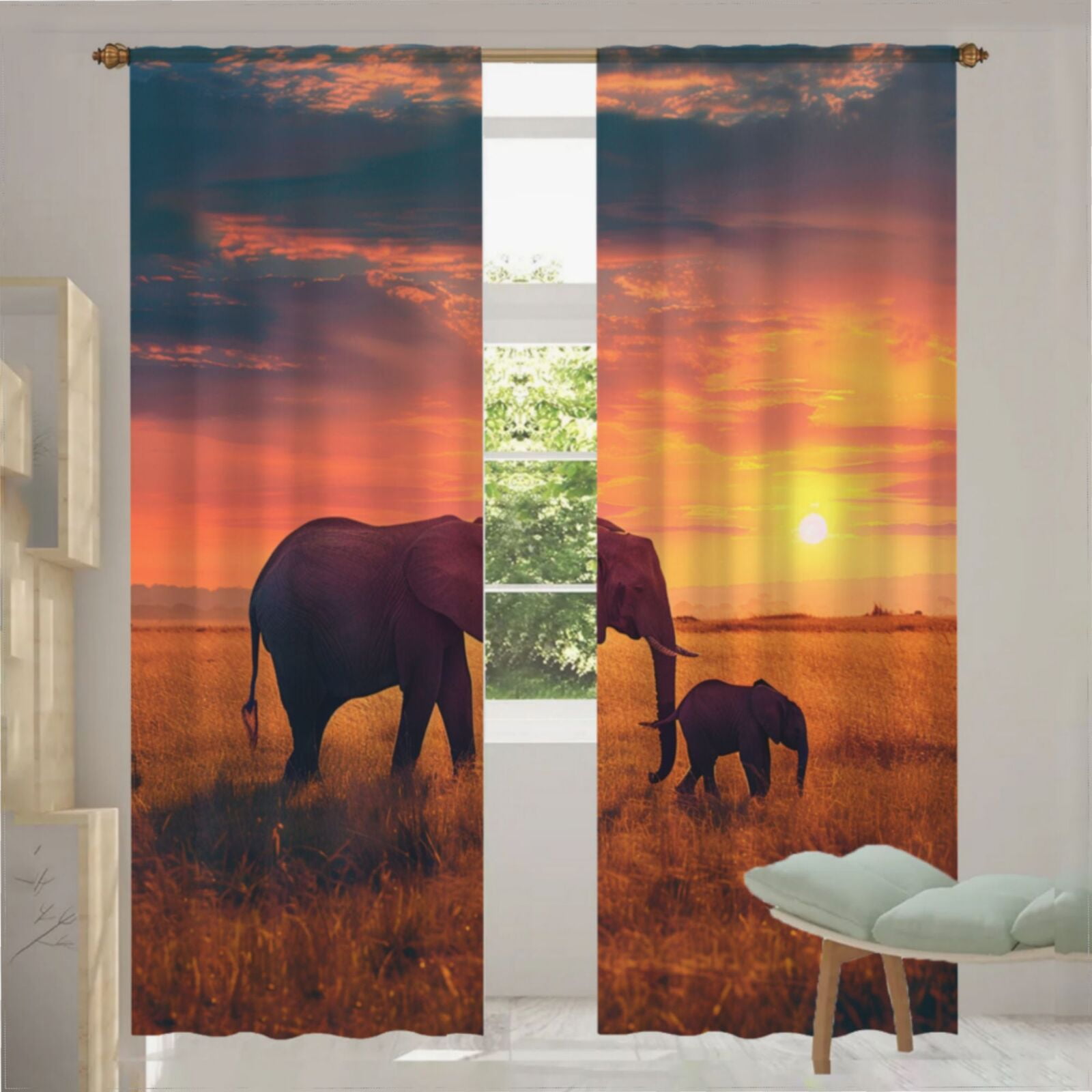 African Elephant Sunset Pattern (60) Sheer Window Curtains for Living Room Kitchen Bedroom Tulle ...
