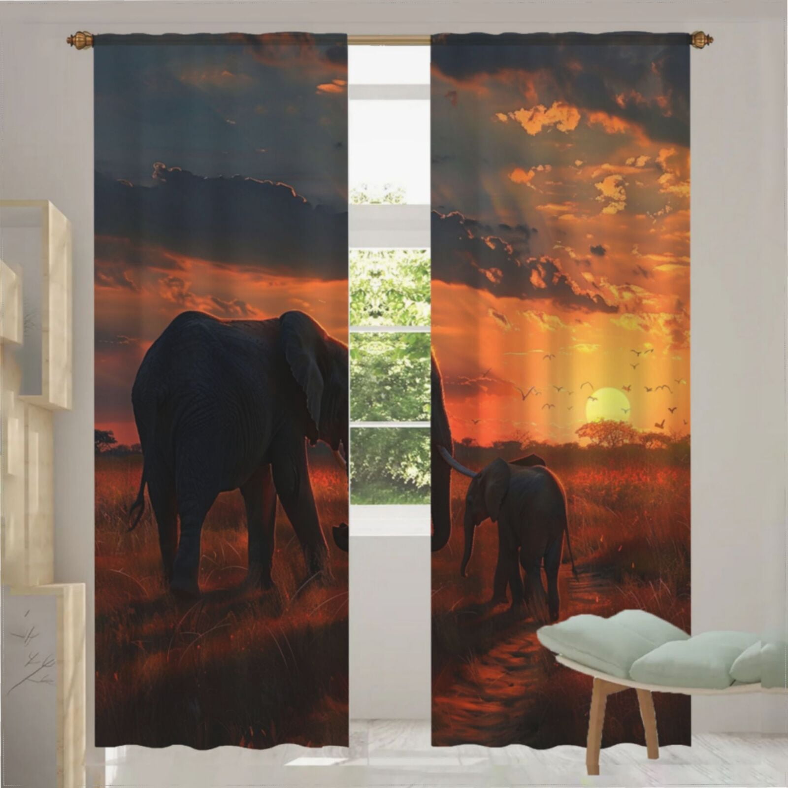African Elephant Sunset Pattern (81) Tulle Sheer Window Curtains For ...