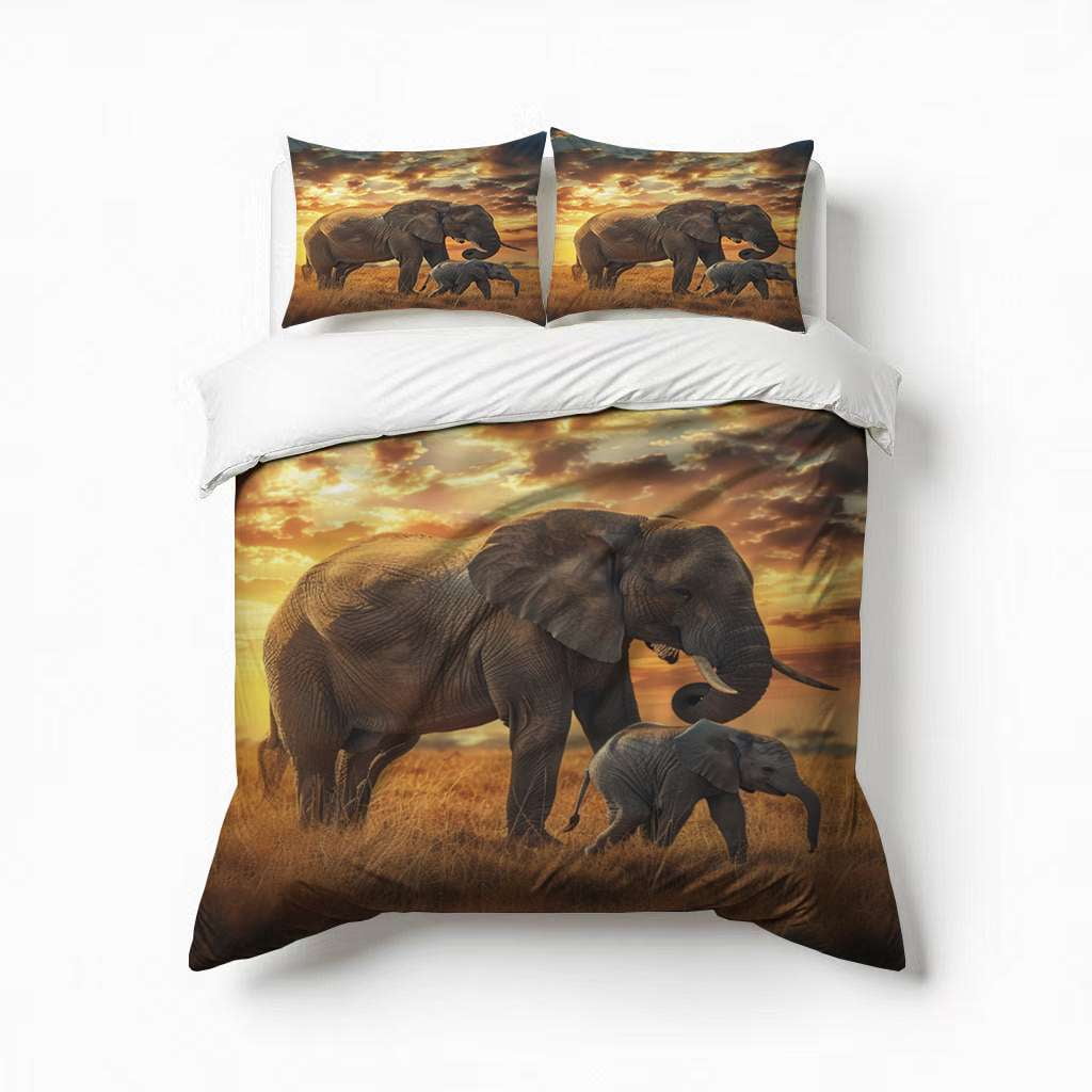 African Elephant Sunset Pattern Bedding Set 3 Pcs Soft Microfiber Quilt ...