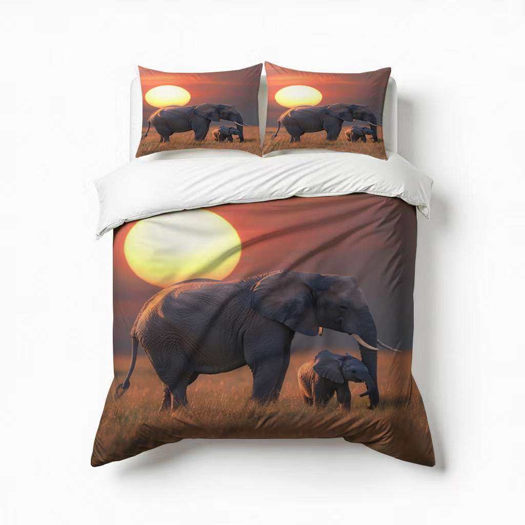 African Elephant Sunset Pattern Bedding Set 3 Pcs Soft Microfiber Quilt ...