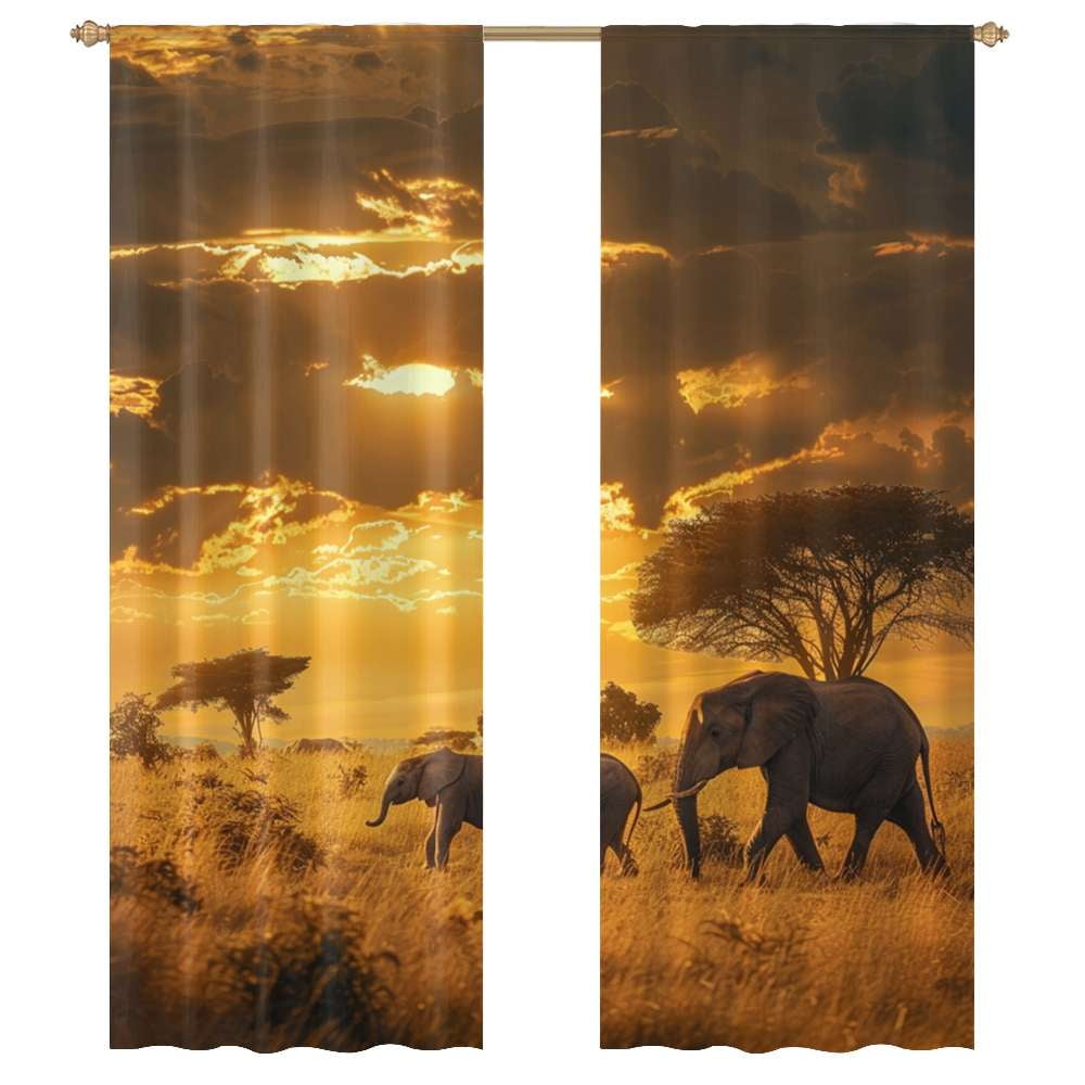 African Elephant Sunset Pattern Modern Tulle Window Curtains for Living ...