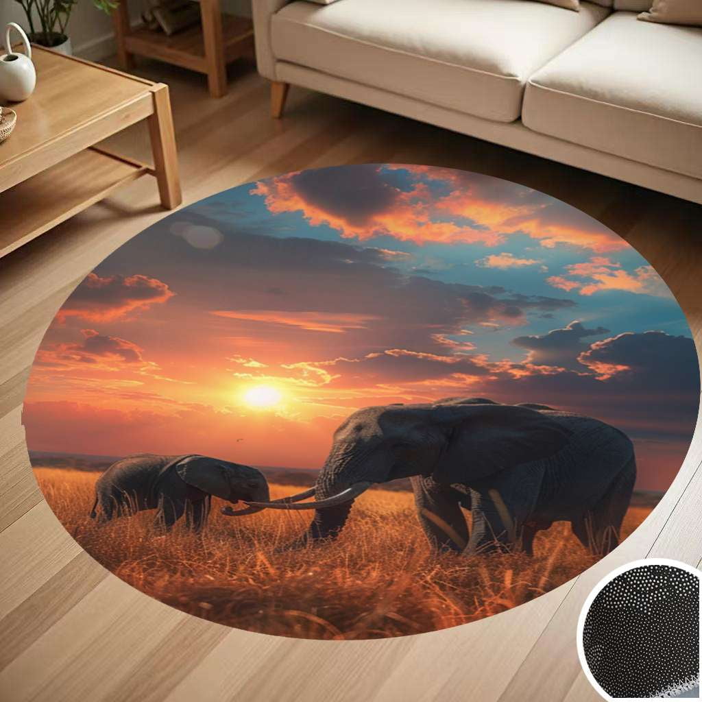 African Elephant Sunset Pattern Round Carpet Living Room Bedroom Home ...