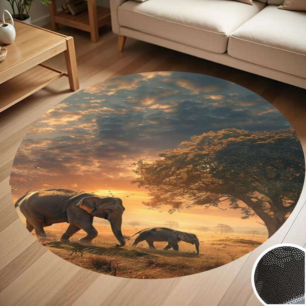 African Elephant Sunset Pattern Round Carpet Living Room Bedroom Home ...