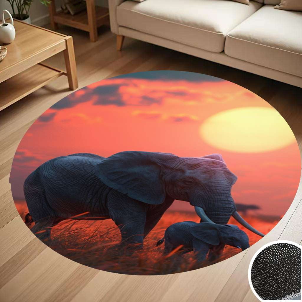 African Elephant Sunset Pattern Round Carpet Living Room Bedroom Home ...