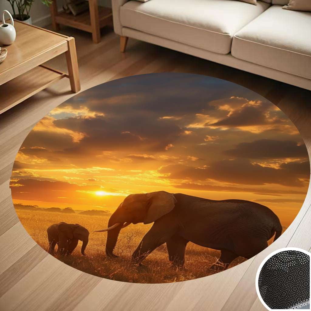 African Elephant Sunset Pattern Round Carpet Living Room Bedroom Home ...