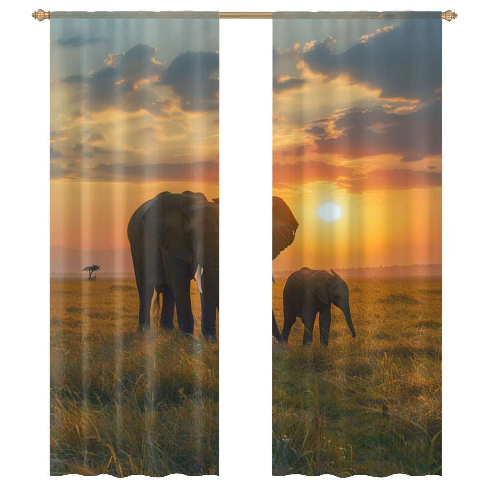 African Elephant Sunset Pattern Sheer Voile Curtain Window Tulle ...