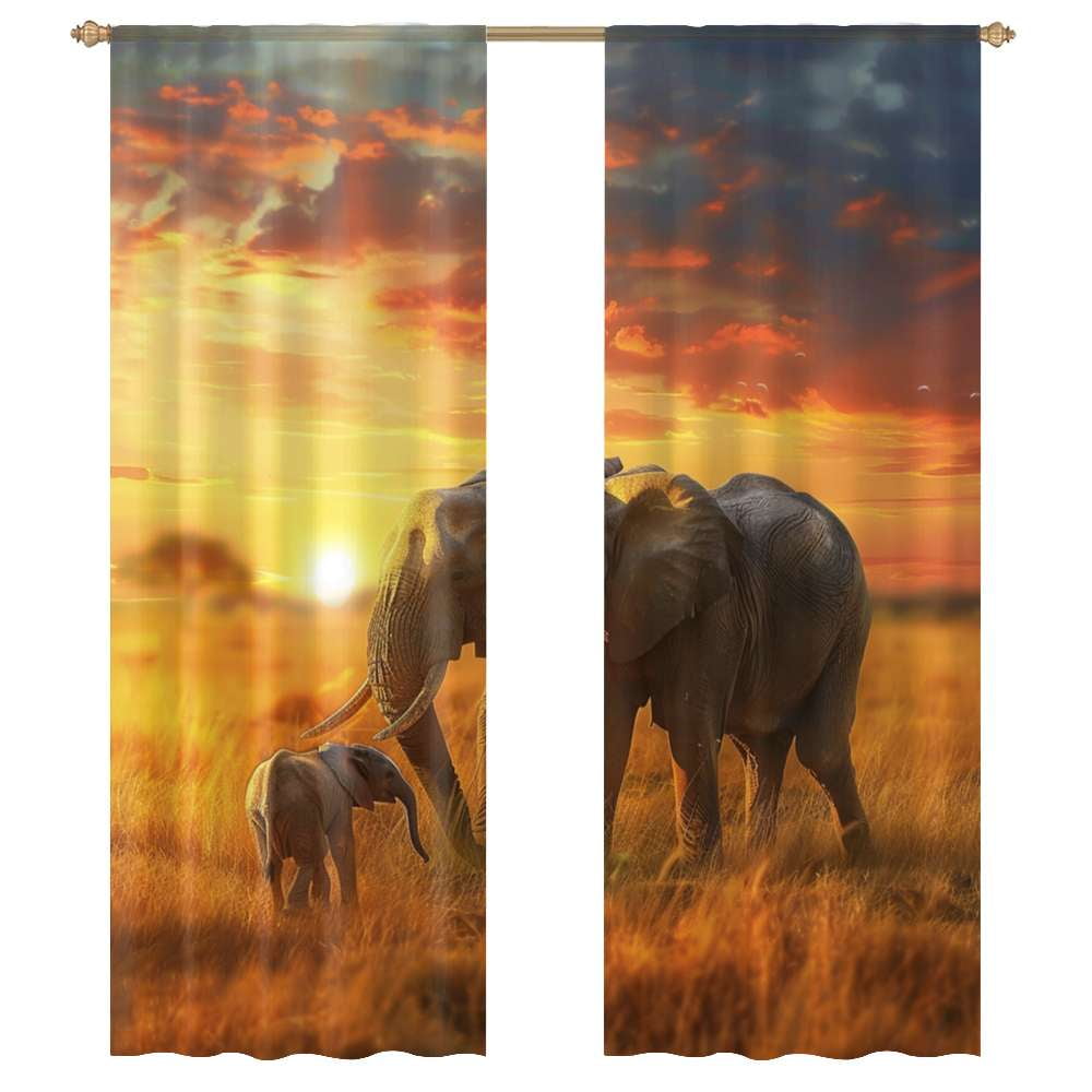 African Elephant Sunset Pattern Sheer Window Curtains for Living Room ...