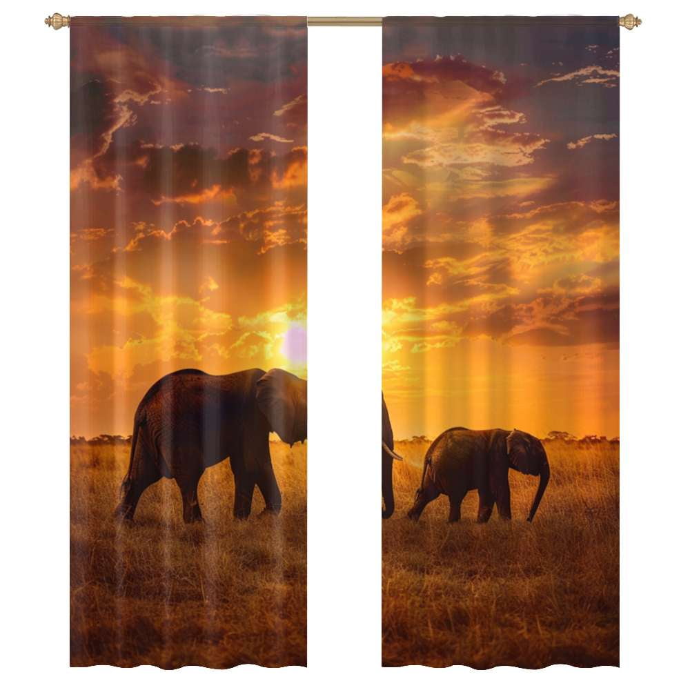 African Elephant Sunset Pattern Sheer Window Curtains for Living Room ...
