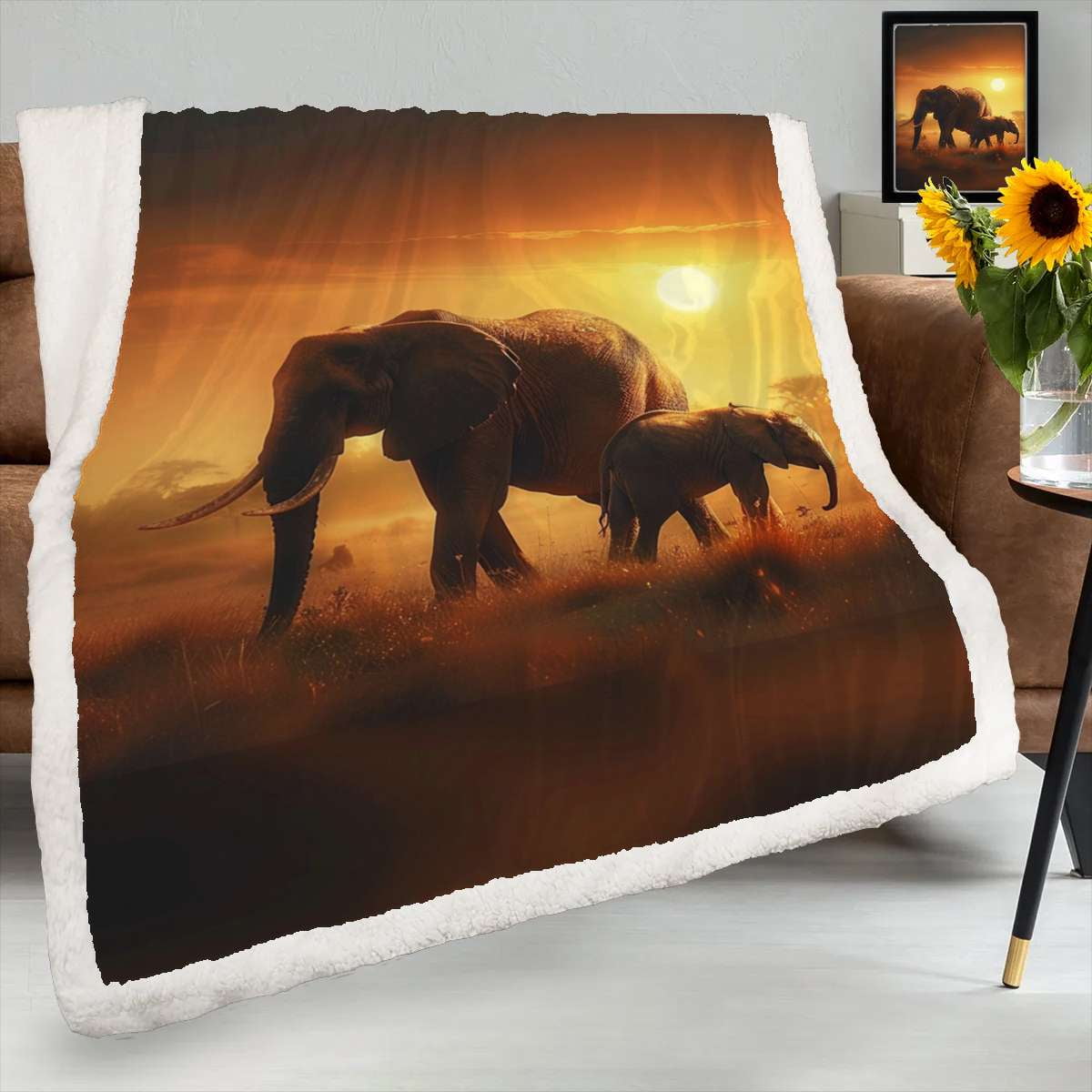 African Elephant Sunset Pattern Sherpa Blanket Throw Blanket For Bed ...