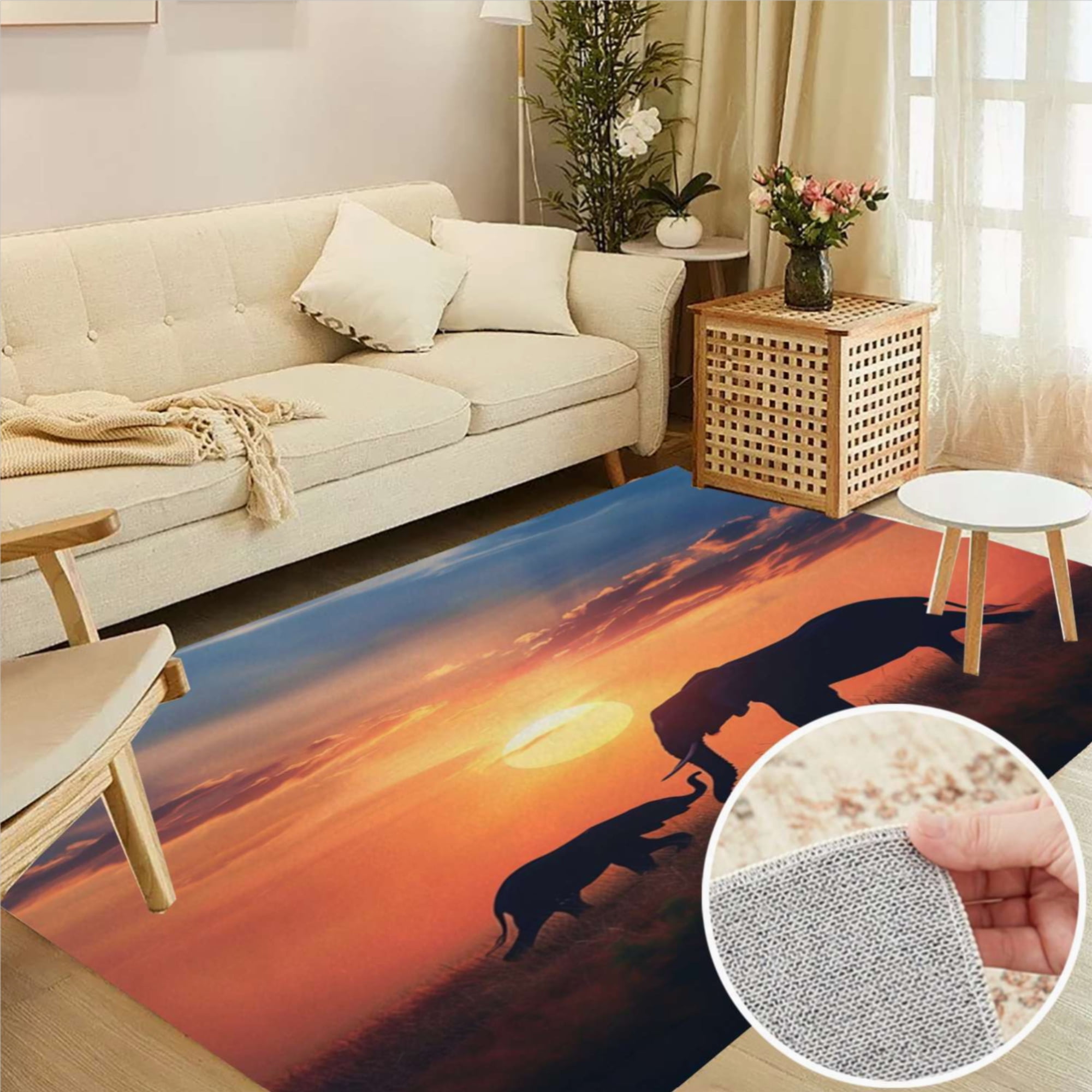 African Elephant Sunset Pattern Soft Large Area Rugs Washable Rug With Non-Slip Backing Carpet ...