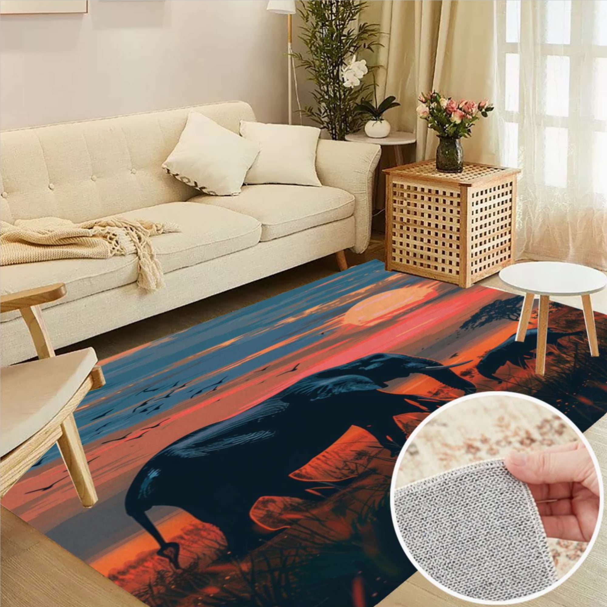 African Elephant Sunset Pattern Soft Large Area Rugs Washable Rug With ...