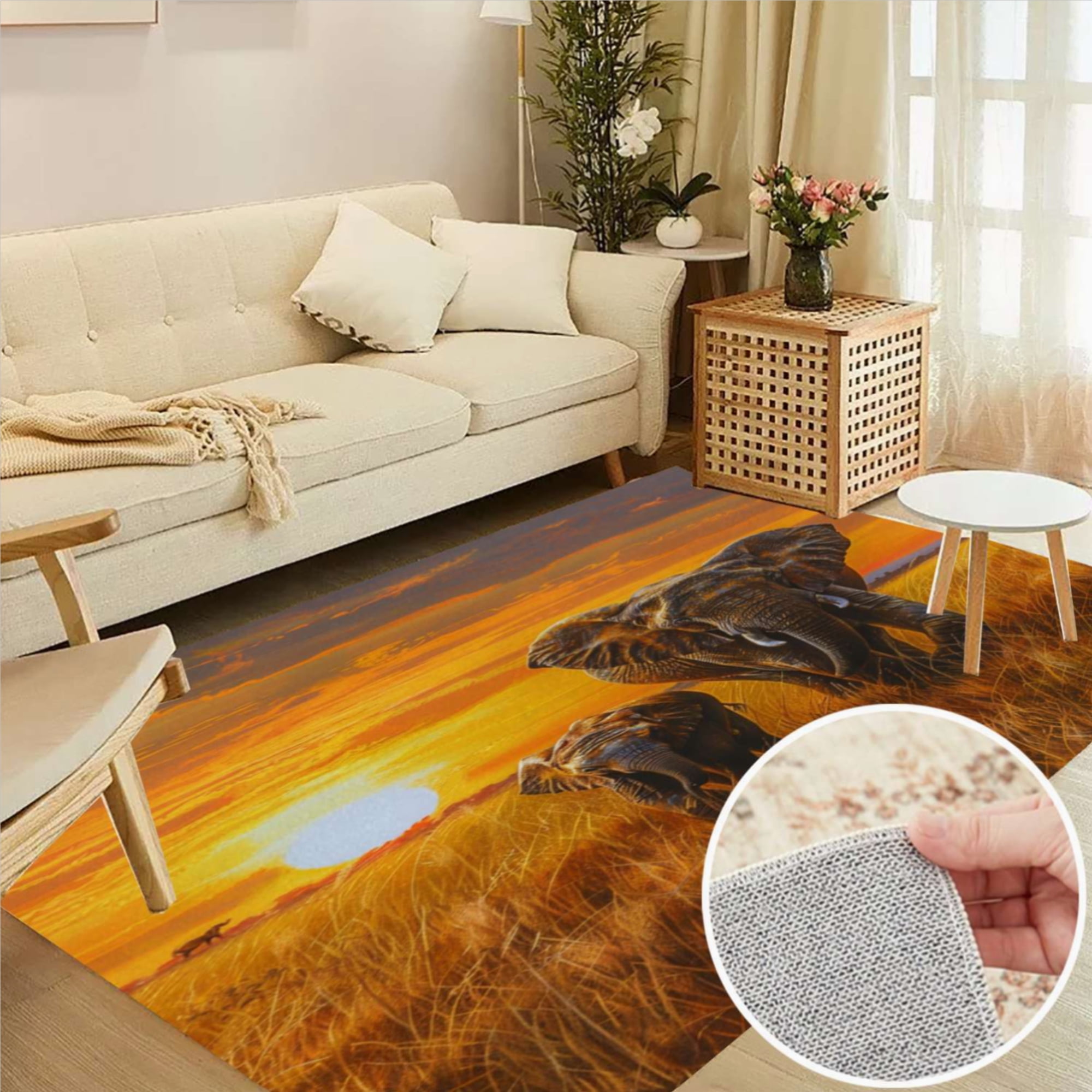 African Elephant Sunset Pattern Soft Large Area Rugs Washable Rug With ...