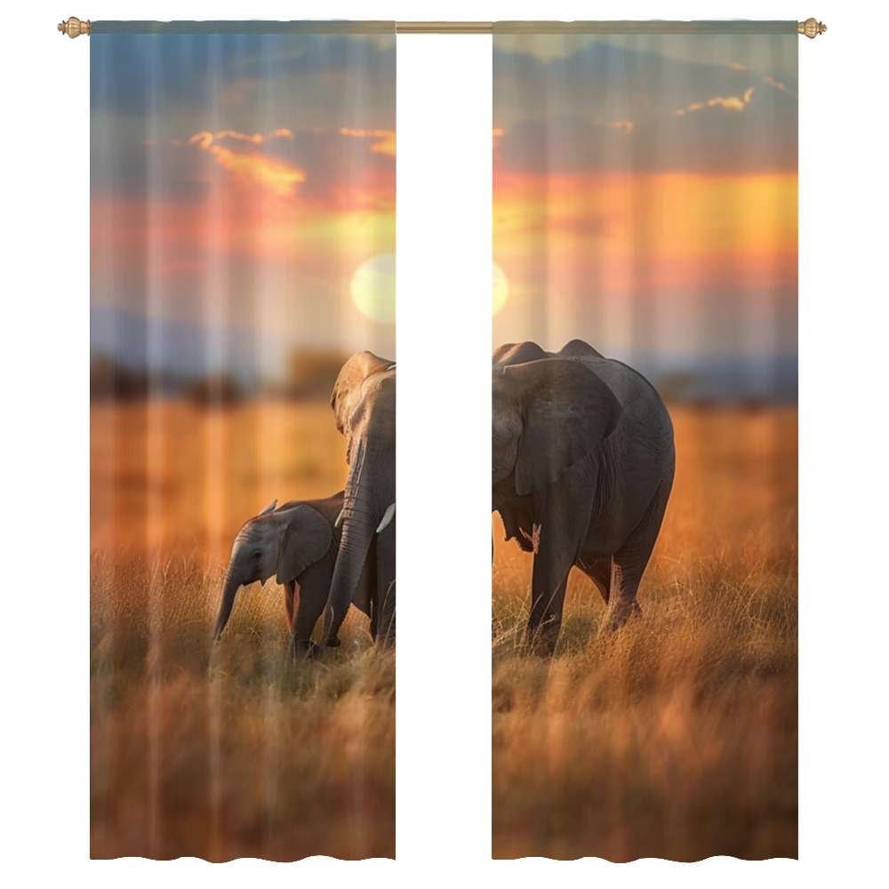 African Elephant Sunset Pattern Tulle Curtains For Living Room Chiffon ...
