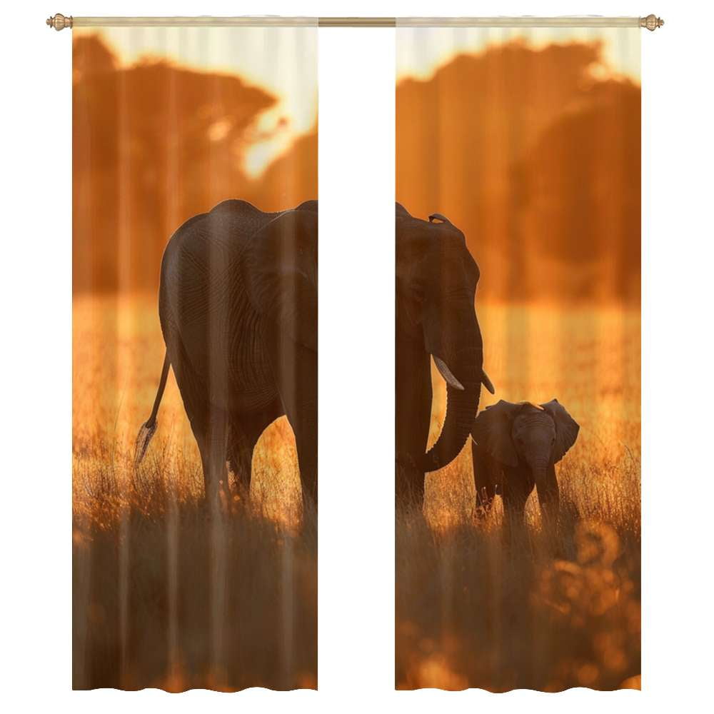 African Elephant Sunset Pattern Tulle Curtains For Living Room Chiffon ...