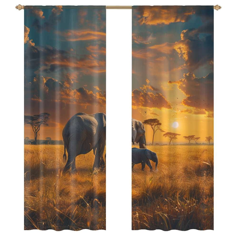 African Elephant Sunset Pattern Tulle Curtains For Living Room Chiffon ...