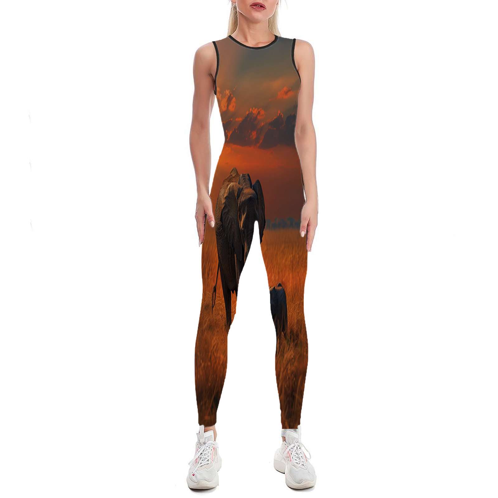 African Elephant Sunset Pattern Women's One Piece Yoga Jumpsuits ...